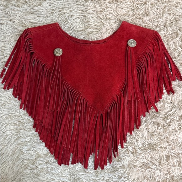 Sweaters | Red Suede Leather Fringe Mini Poncho Western Boho Made In ...